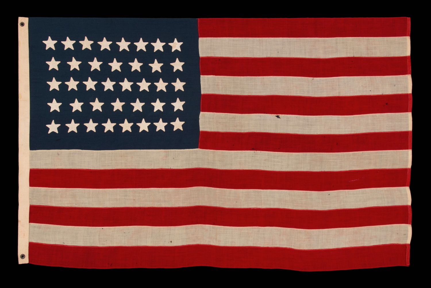 38 STAR ANTIQUE AMERICAN FLAG WITH HAND-SEWN STARS IN AN 8-7-8-7-8 ...
