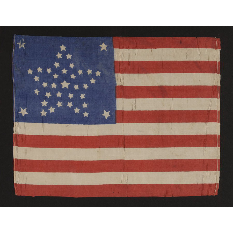 38 STAR ANTIQUE AMERICAN PARADE FLAG WITH A RARE AND BEAUTIFUL ...