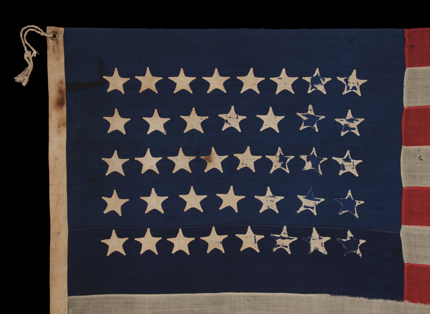 38 STAR FLAG WITH HAND-SEWN STARS IN A CONFINED PATTERN OF JUSTIFIED ...